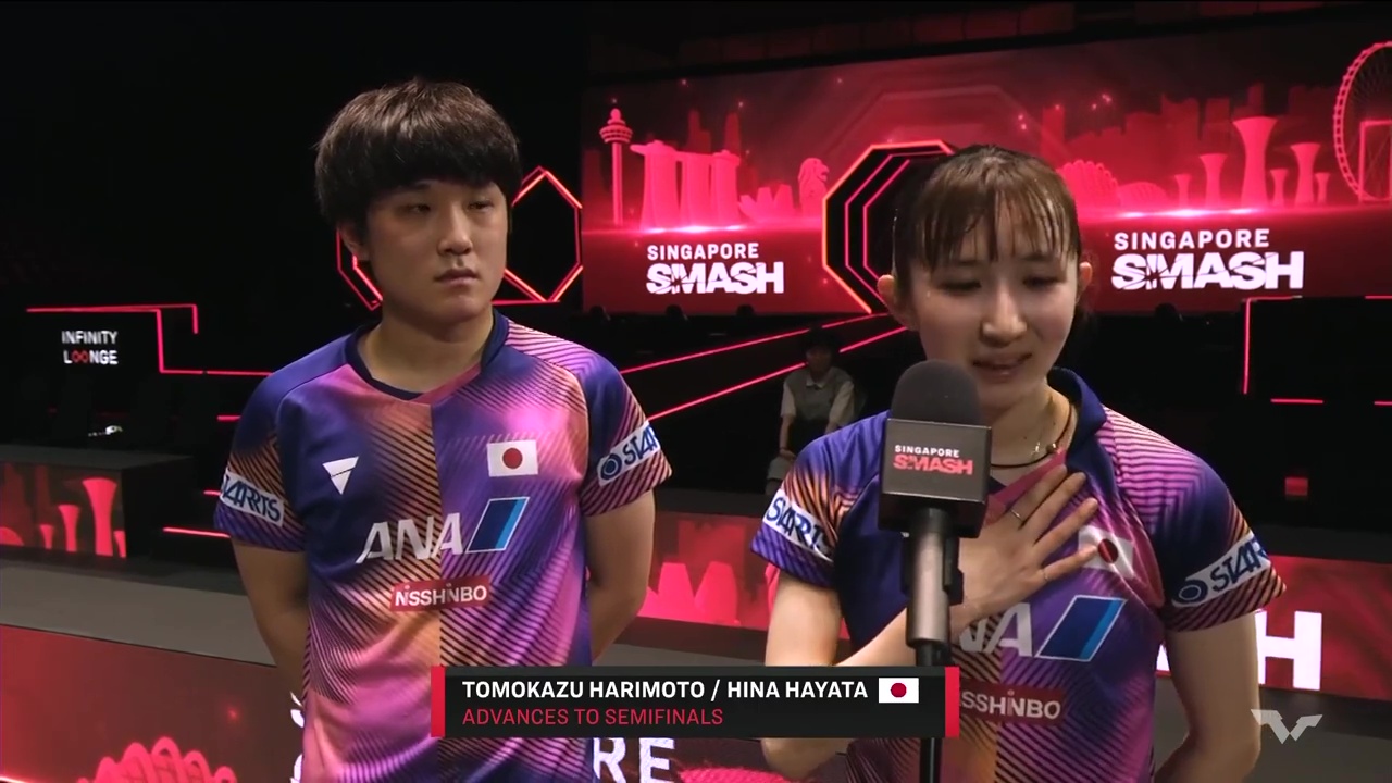 【動画】張本智和／早田ひな 準々決勝後インタビュー｜WTTシンガポールスマッシュ2023 混合ダブルス - スポーツナビ「テレ東卓球チャンネル」